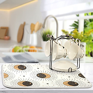 FOLIOSA Vintage Moon Sun Dish Drying Mat, water Absorbent Heat Resistant Drainer Mat for Countertop 18x24 in