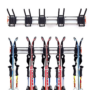 Homeon Wheels Aluminum Ski Storage Rack Holds 6 Pairs of Skis Ski Rack for Garage Wall Padded Hooks Ski Rack Wall Max 300 lbs.