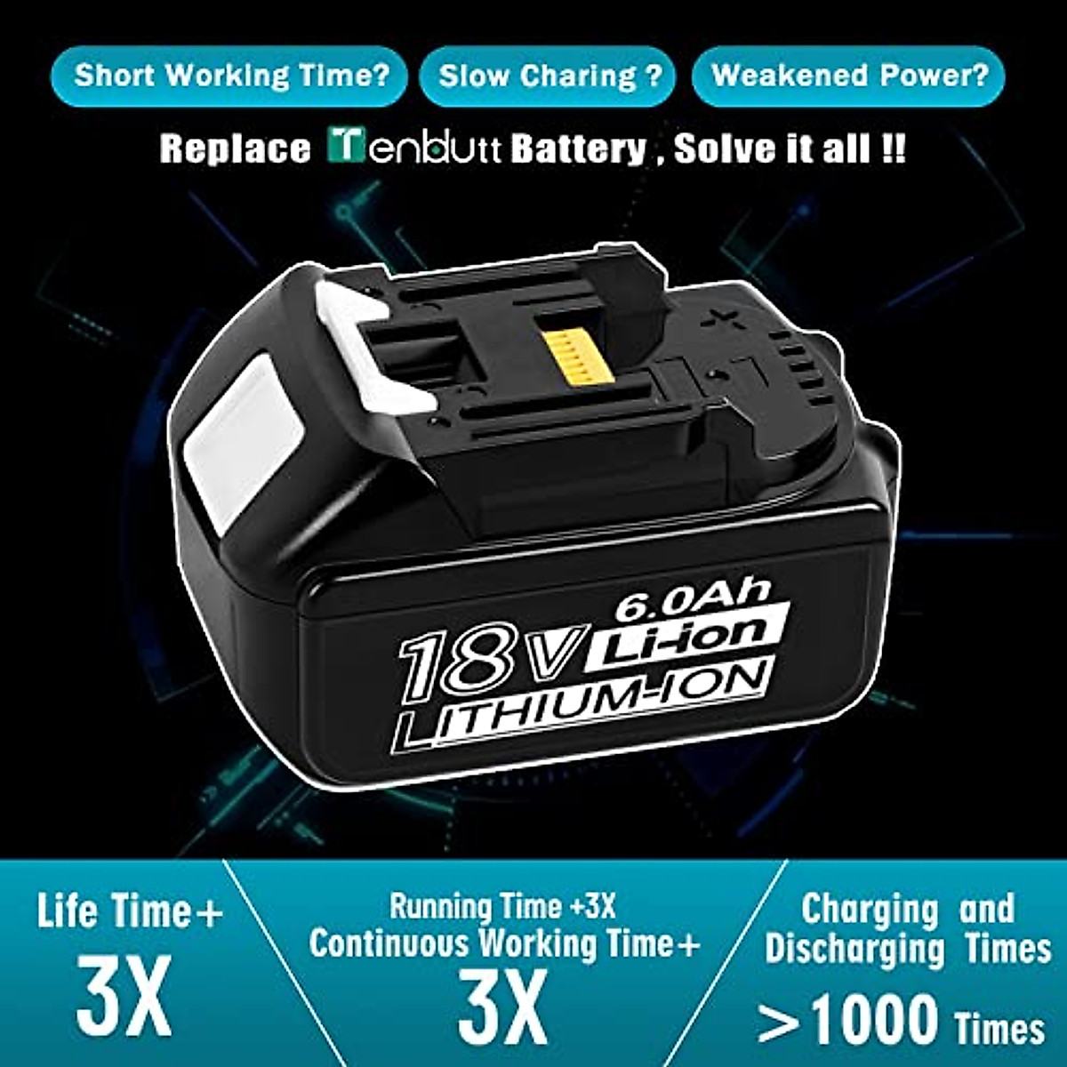 【Increase Current Protection!】 TenHutt 2Pack 6.0Ah 18V Lithium-Ion Replacement Battery for Makita 18V LXT Battery Compatible with BL1830 BL1840 BL1850 BL1860 BL1815 BL1860B Cordless Power Tools
