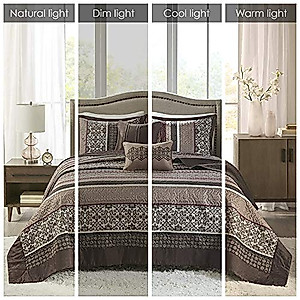 Madison Park Quilt Set Luxurious Jacquard Stripes Design - All Season, Coverlet Bedspread Lightweight Bedding Layer, Shams, Decorative Pillow, Full/Queen(90"x90"), Floral Red 5 Piece