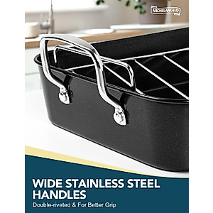 MICHELANGELO Carbon Steel Roasting Pan with Rack, Turkey Roasting Pan 15 Inch x 11 Inch, Nonstick Turkey Roaster Pan with Stainless Steel Rack, Induction Compatible