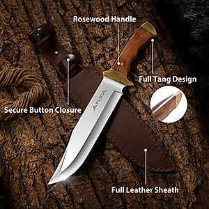 FLISSA 14-inch Bowie Knife, Full-tang Fixed Blade with Wood Handle, Hunting Knife with Leather Sheath for Outdoor Survival, Camping, Hiking