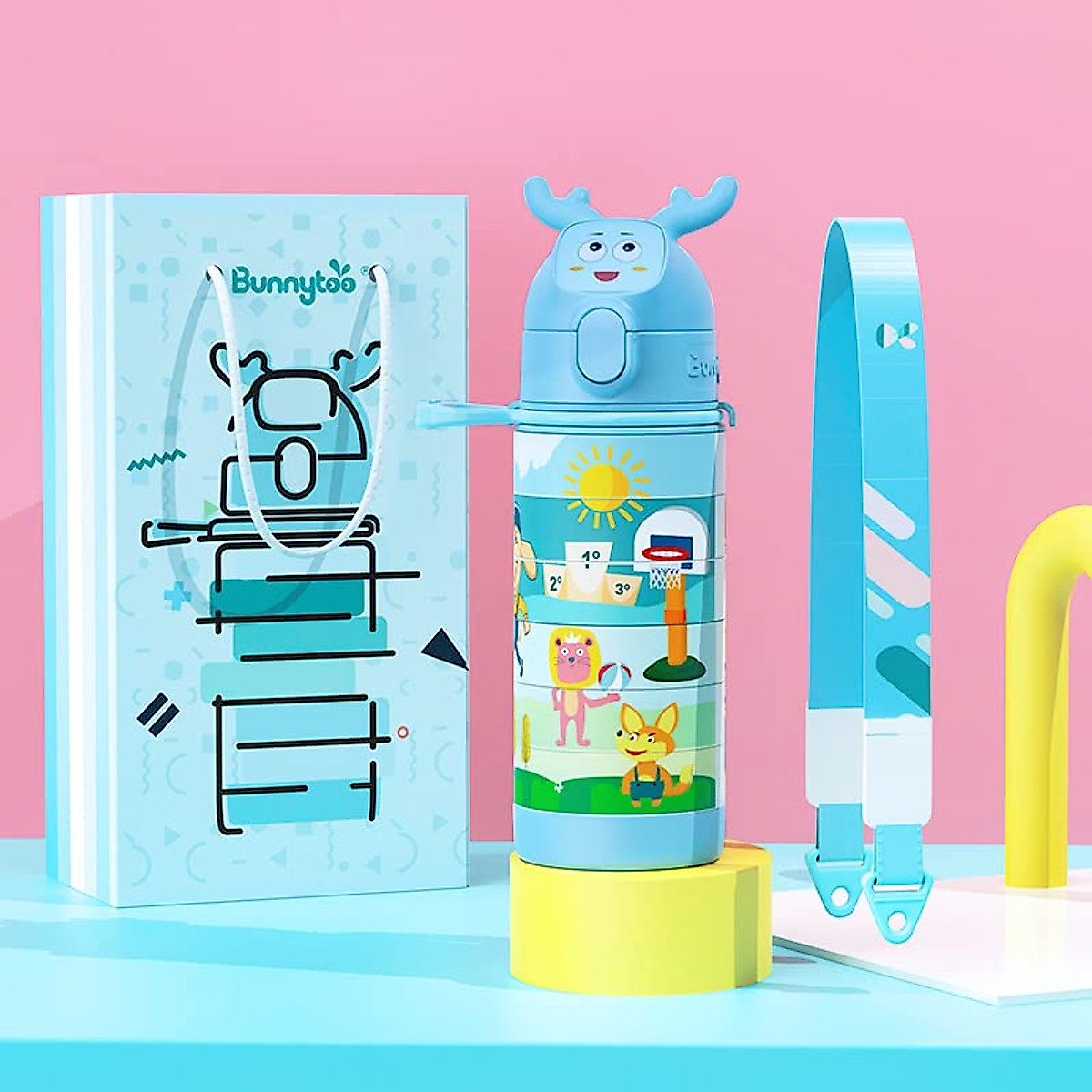 Kids Puzzle Insulated Stainless Steel Bottle with Straw for Travel and Gift,Spill-Proof,Reusable,Vacuum-Wide Mouth (Lake Blue｜Jigsaw)