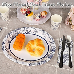 TWOWYHI 50PCS Paper Plates 12Inch Oval Paper Plates Heavy Duty Dinner Disposable Plate for Party with Blue Floral Style for Tea Party Birthday Wedding Birdal Shower Party Supplies