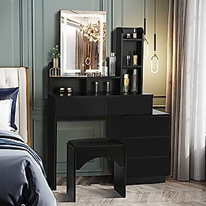 SMOOL Vanity Desk with Lighted Mirror - Makeup Vanity Table with 3 Color Lighting Modes Adjustable Brightness, Makeup Desk with Movable 3-Drawer Chest and Shelves, Vanity Set for Bedroom Studio, Black