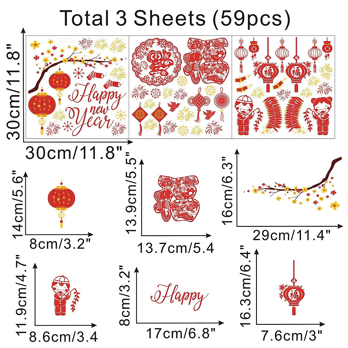 IARTTOP Chinese New Year Wall Decal, Spring Festival Wall Sticker, Fu Character Lantern Fireworks Red Sticker for Window Cling Living Room Decor,Happy New Year Supplies