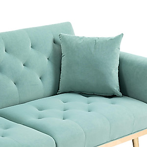 EXZLFA Velvet Sofa Couch,Convertible Sleeper Sofa Bed with Gold Metal Legs and 2 Pillows,Folding Futon Accent Upholstered Loveseat for Living Room Bedroom Office (Mint Green Polyester)