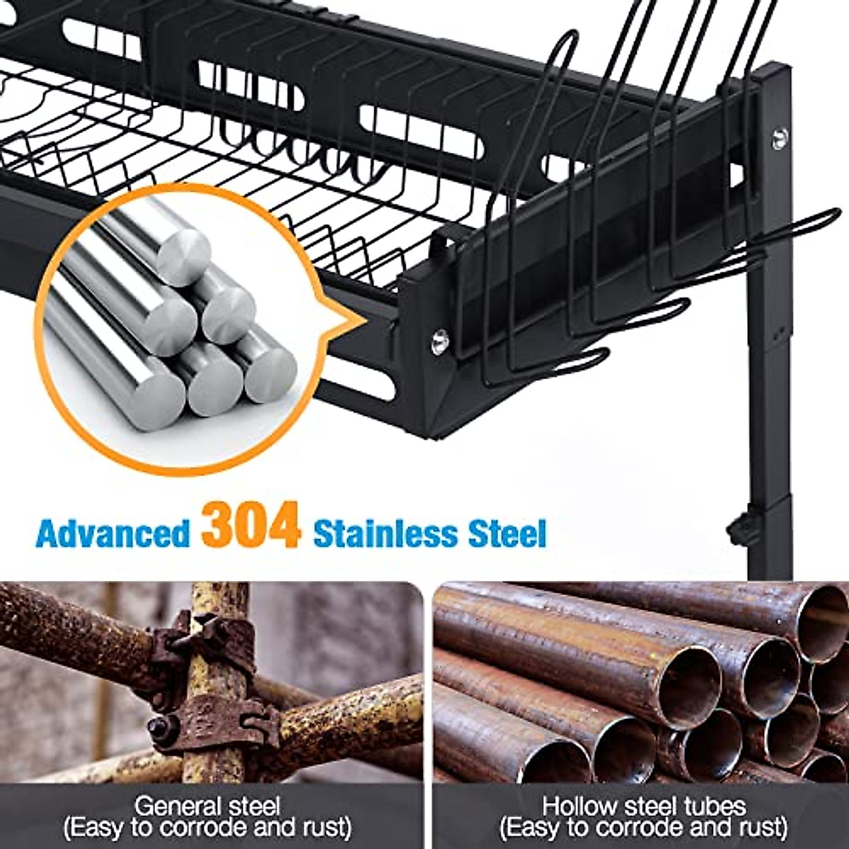 LEPO Over The Sink Dish Drying Rack, 2 Tier Stainless Steel Adjustable Length (25.6-33.5in) & Height(20.5-24.4in) Large Dish Rack Drainer with Utensil Holder for Kitchen Countertop Organizer, Black