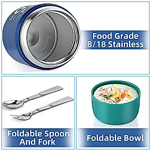 Thermos For Hot Food - 27 Oz Insulated Food Jar With Foldable Spoon & Fork, Leak Proof Food Thermos For Kids Adults, Double Walled Soup Thermos With Portable Food Bowl For School Office Outdoors (Dark Blue)