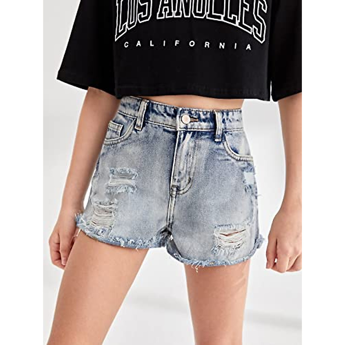 Floerns Girls Ripped Raw Hem Jeans High Waisted Wide Leg Denim Shorts Light Blue 8 Years