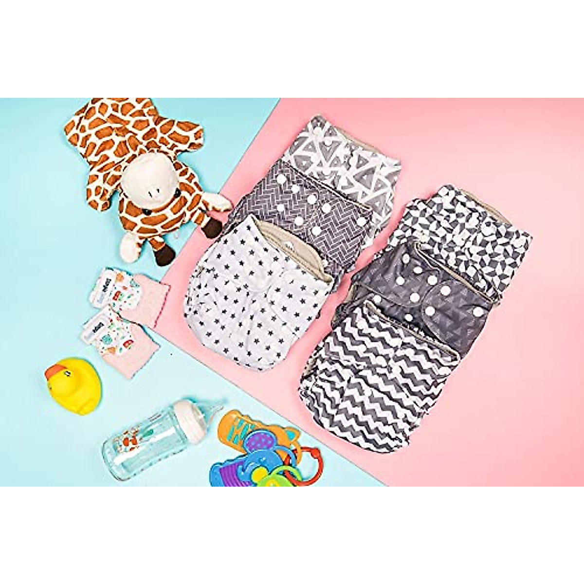 Simple Being Reusable Cloth Diapers, Double Gusset, One Size Adjustable, Washable Soft Absorbent, Waterproof Cover, Eco-Friendly Unisex Baby Girl Boy, six 4-Layers Microfiber Inserts (Geometrics)