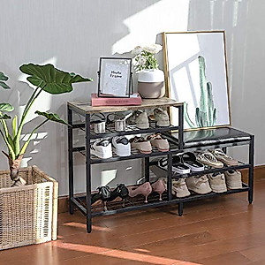X-cosrack Shoe Rack Bench 5-Tier Shoe Storage with Seat Industrial Entryway Bench Metal Storage Shelves Organizer Entry Bench Shoe Stand for Entryway Hall Brown Black