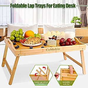 Breakfast Bed Tray with Leg for Eating Bamboo Bed Table 20 Inch Food Trays for Adults Eating,Removable Media Slot Bed Trays for Eating on Bed
