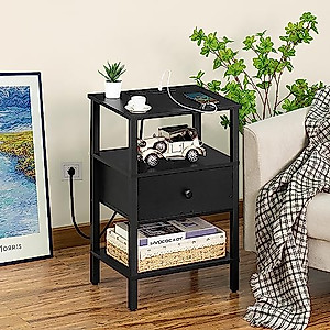 Lerliuo Nightstand with Charging Station and USB Ports, 3-Tier Storage End Table with Drawer Shelf, Night Stand for Small Spaces, Wood Bedside Table for Living Room, Bedroom - Classic Black