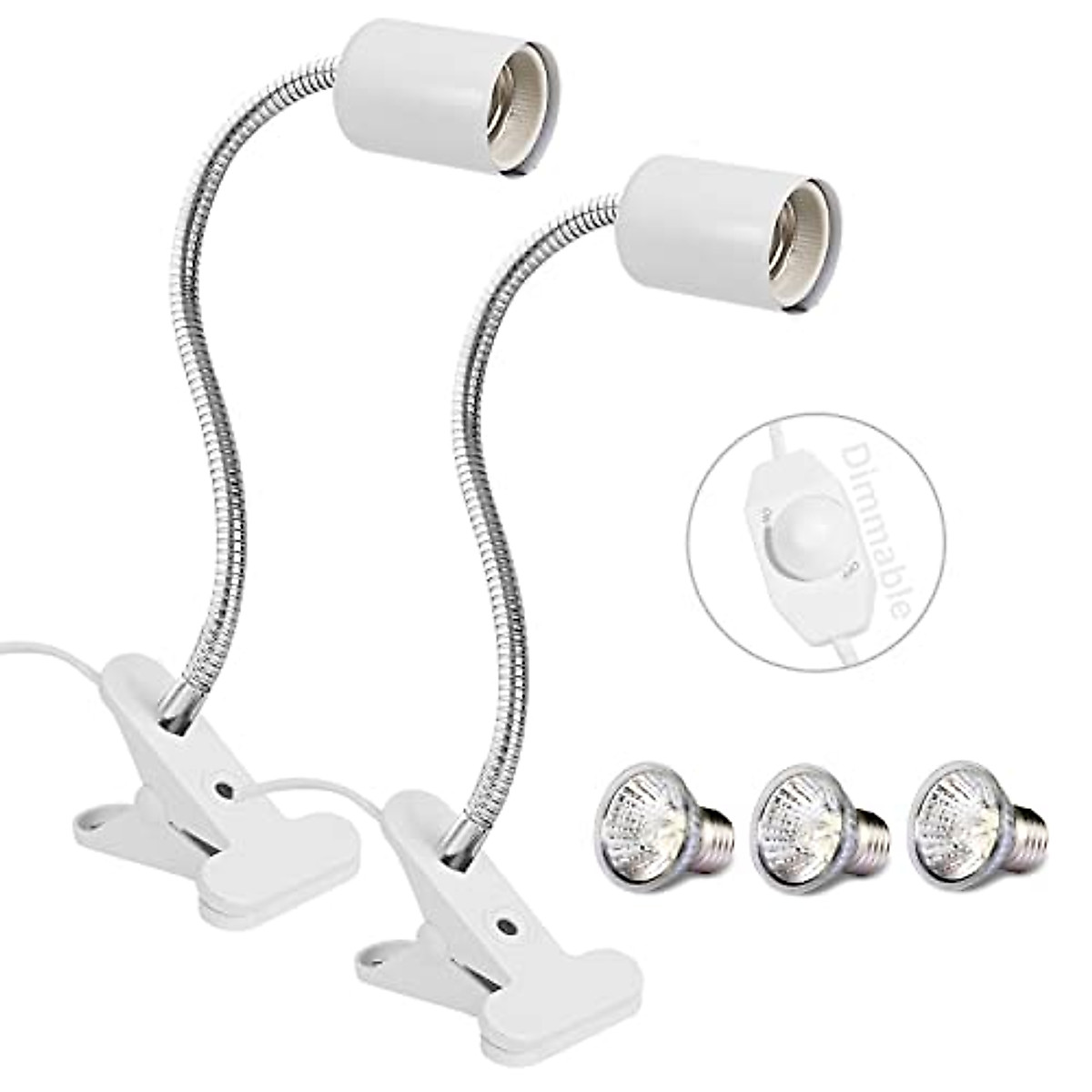 Dimmable 2-Pack White Adjustable Reptile Clamp Heat Lamp Fixture Holder with 3-Pack 30W Sun Basking Spot Lamp, Flexible Clamp Lamp Stand with Clip for Aquarium, Reptiles,Lizard, Turtle, Snake