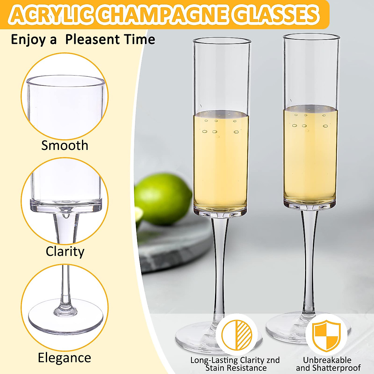 Gerrii 6 oz Acrylic Stemmed Champagne Flutes Unbreakable Plastic Champagne Glasses Reusable Wine Toasting Goblets Crystal Disposable Cocktail Cups for Party, Wedding, Birthday (Clear,18 Pcs)