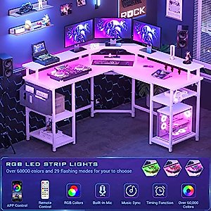 Aheaplus L Shaped Gaming Desk with Power Outlets & LED Lights, Computer Corner Desk with Monitor Stand and Storage Shelf, Home Office Writing Desk with Storage Bag, White