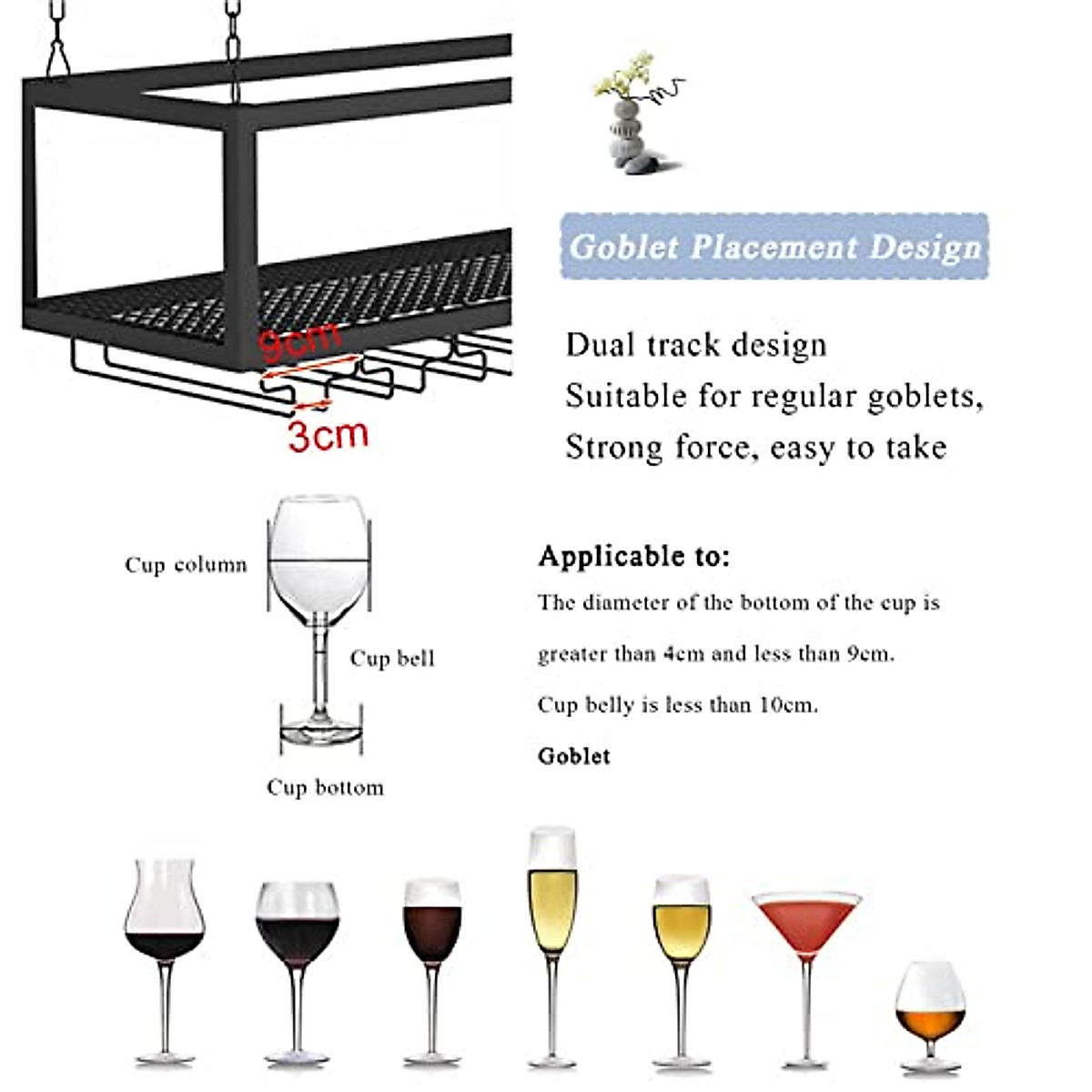 DASHADAO Hanging Wine Glass Rack-Black Wine Rack Home Wine Bottle Racks Ceiling Wall-Mounted Storage Shelf with Hanging Stemware Champagne Glasses Holder Metal Bar Unit Floating Shelves HOM