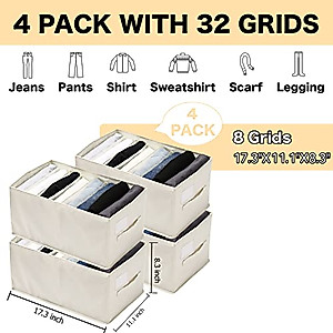 MOOMSINE 4PCS Wardrobe Clothes Organizer with Support Board- Foldable Washable Drawer Organizers for Clothing Foldable Closet Organizers for Jeans, Pants Beige
