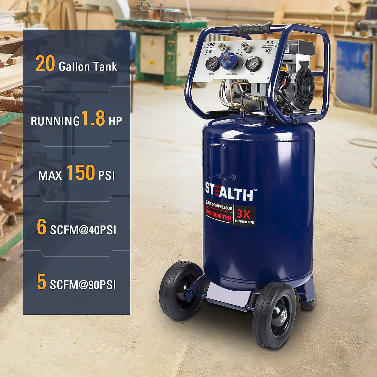 STEALTH Air Compressor, Ultra Quiet, Oil-Free and Long Life Cycle,1.8 Hp 20 Gallon Compressor with Large Rubber Wheels (Blue, SAQ-12018)