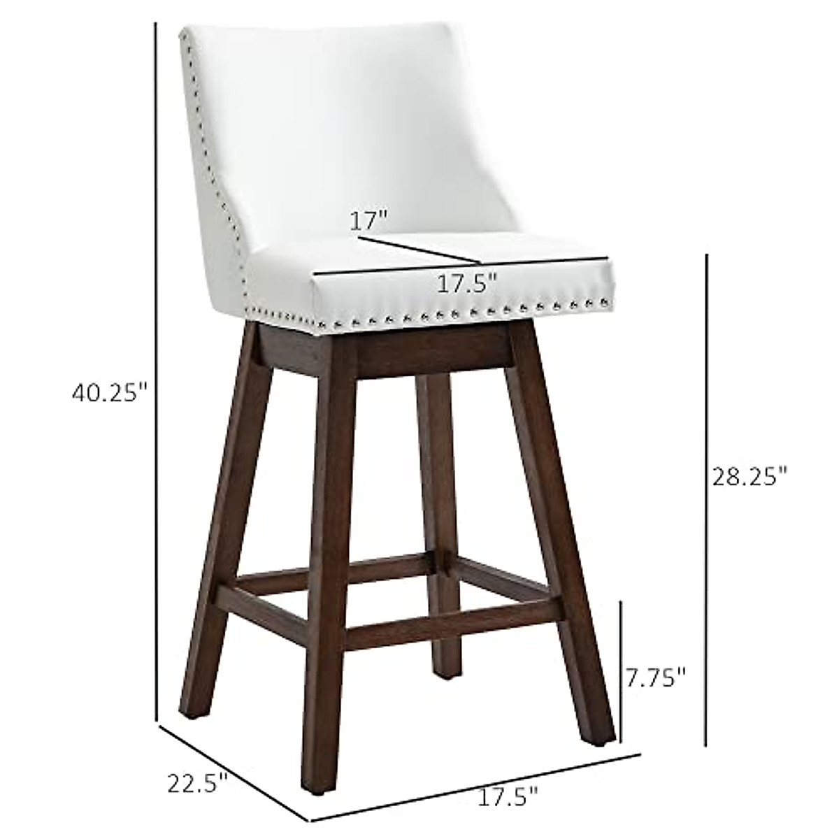 HOMCOM 28" Swivel Bar Height Bar Stools Set of 2, Armless PU Leather Upholstered Barstools Chairs with Nailhead Trim and Wood Legs, White