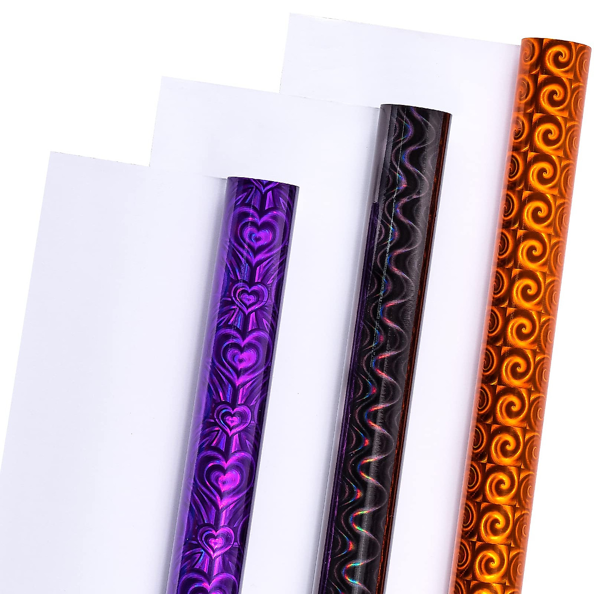 LeZakaa Holographic Wrapping Paper Roll - Mini Roll - Purple Heart/Orange Spiricle/Black Wavy Stripe for Valentine's Day, Birthday, Holiday - 17 x 120 inches - 3 Rolls (42.5 sq.ft.ttl.)