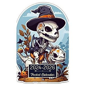 Pocket Calendar 2024-2026: Two-Year Monthly Planner for Purse , 36 Months from January 2024 to December 2026 | Skeleton riding dinosaur | Halloween sticker