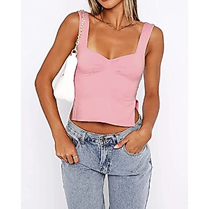 ForeFair Women Sexy Sleeveless Backless Crop Tank Top Pleated Bustier Sweetheart Neck Strappy Y2K Slits(Pink,XS)