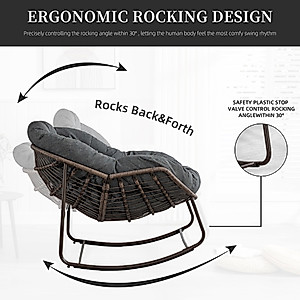 QQU Patio Rocking Chairs Indoor & Outdoor, Wicker Rocker Chairs with Padded Cushion, All-Weather Rattan Chair with Steel Frame, Modern Lounge Egg Chair, Front Porch, Backyard,Grey