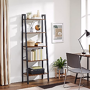 VASAGLE Industrial Bookcase, 5-Tier Corner Shelf, Rustic Brown & Ladder Shelf, 22.1" L x 13.3" W x 67.7" H, Rustic Brown