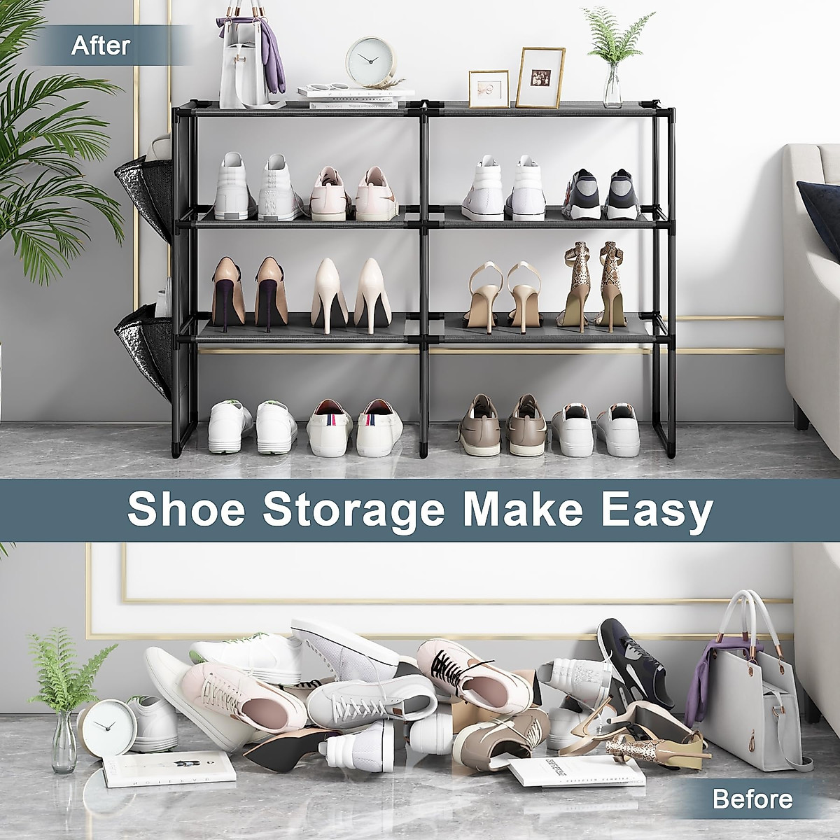 Amazer 4 Tiers Shoe Rack for Closet, Shoe Storage Organizer for 16-20 Pairs of Shoes, Shoe Shelf with Removable Pocket for Entryway Bedroom Hallway, 34.6x11x21.4 Inches (Black)