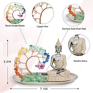 INNOLITES 7 Chakra Crystal Tree and Buddha Statue set, Yoga Meditation Decor, Money Tree and Buda Statues for Home Living Room Office Shelf Decoration Wealth and Luck（Silver）