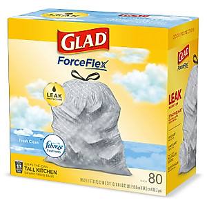 GLAD ForceFlex Tall Drawstring Trash Bags, 13 Gallon Grey Trash Bags for Tall Kitchen Trash Can, Fresh Clean with Febreze Freshness to Eliminate Odors, 80 Count - Packaging May Vary