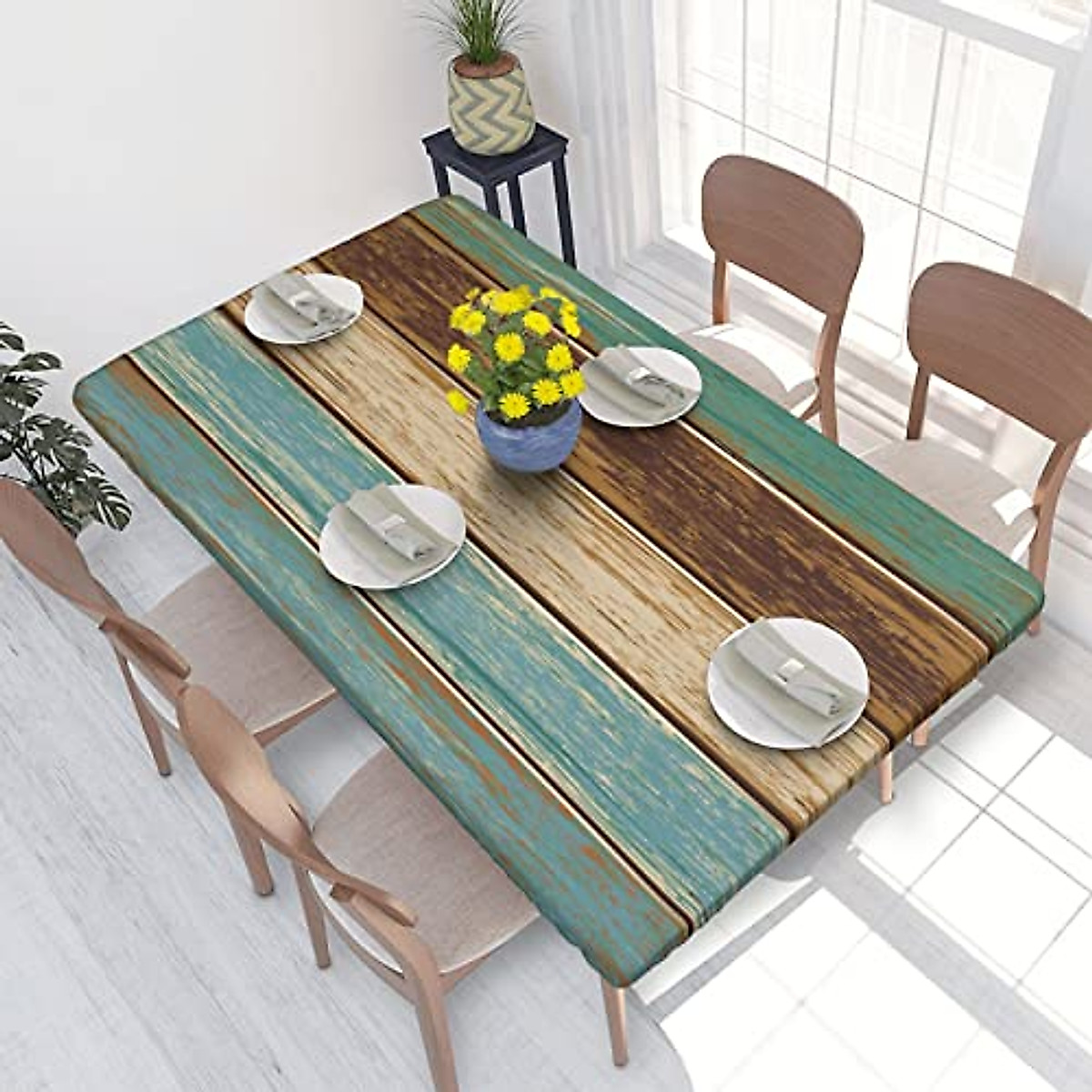 Aiojool Teal Wood Grain Tablecloth Fitted Table Cloth for 4 Foot Rectangle Table, Elastic Edged Table Cover for Indoor Outdoor Patio Picnic, 30 X 48 Inch