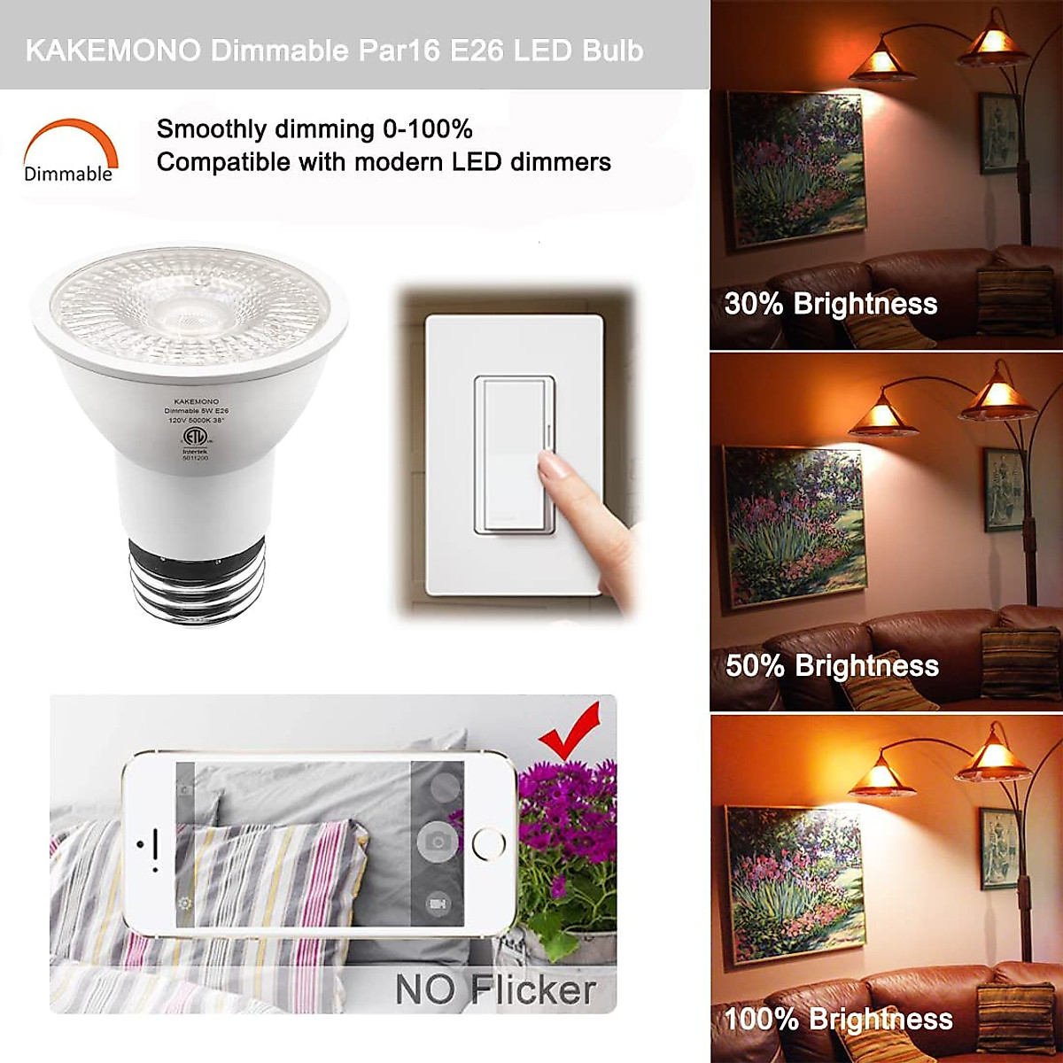 KAKEMONO PAR16 LED Bulbs Dimmable 5W Long Neck Track Spotlight,E26 Medium Base,Daylight White 5000K,Pack of 3