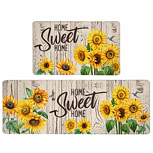Sunflower Kitchen Mats 2Pcs Sunflowers Theme Farmhouse Decor Anti Fatigue Kitchen Rugs Vintage Rubber Backing Kitchen Rug and Mat Set for Kitchen Sink Laundry Room Office, 17.3" x28" + 17.3" x 47"