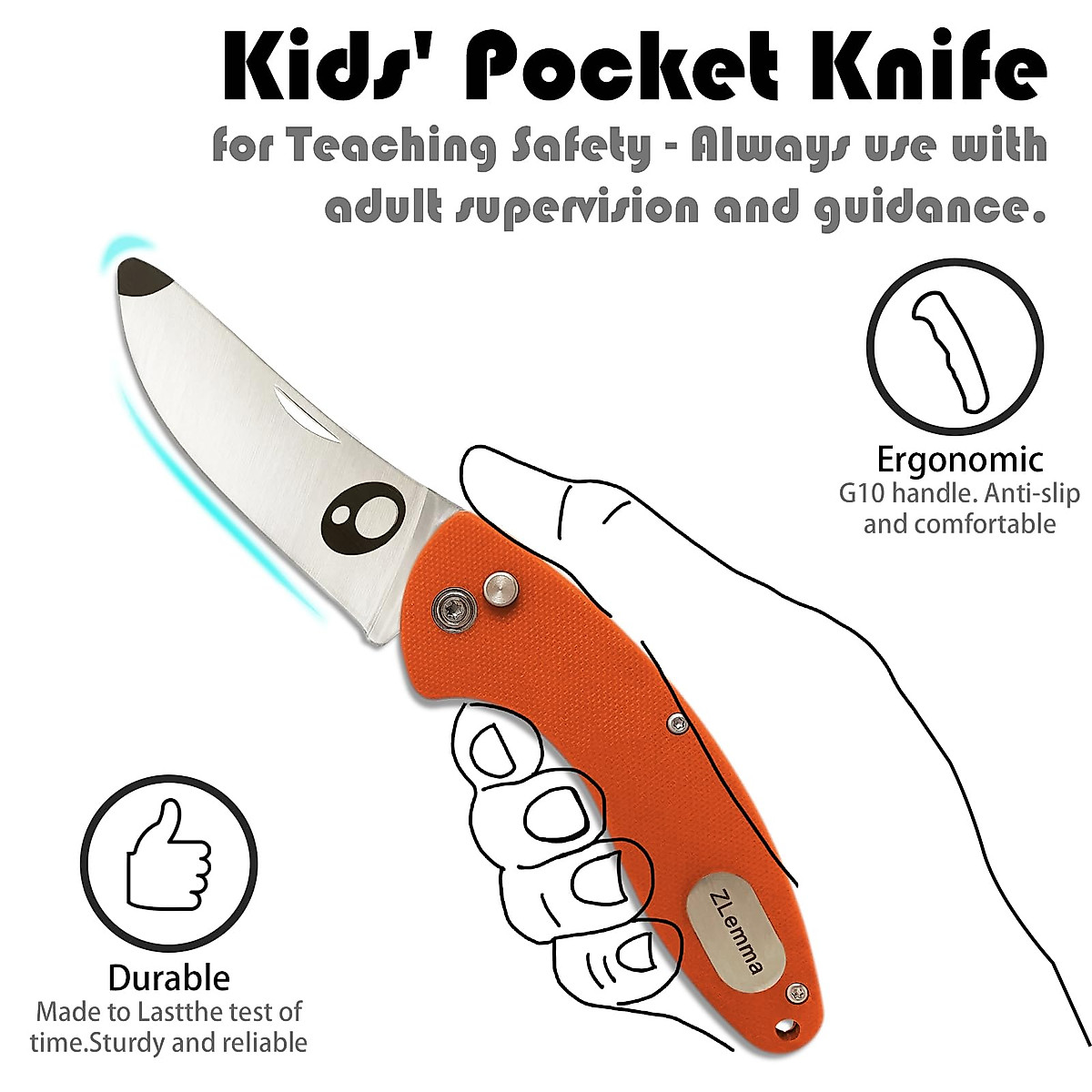 ZLemma Kids Pocket Knife with Clip & Safe Rounded Tip for Boy First Knife, Toddler Starter folding Knives with Japanese 420J2 Stainless Steel Sharpened Blade & Durable G10 Handle (Orange)