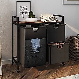 Tohomeor Laundry Sorter with 3 Laundry Basket Rolling Laundry Hamper Cart with Wheels Sliding Pull Out and Removable Laundry Basket Bags for Laundry Room Bathroom Bedroom (Rustic Brown)
