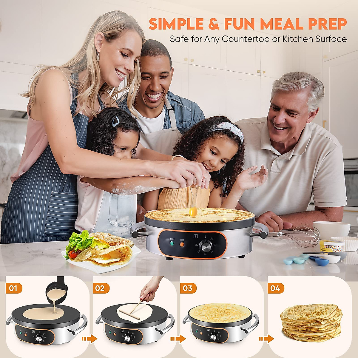 BOEASTER Commercial Crepe Maker, 16" Non-Stick 2000W Electric Crepe Machine Adjustable Temperature Control, Thickened Cast Iron Cooking Surface Pancakes Maker Griddle with Handle