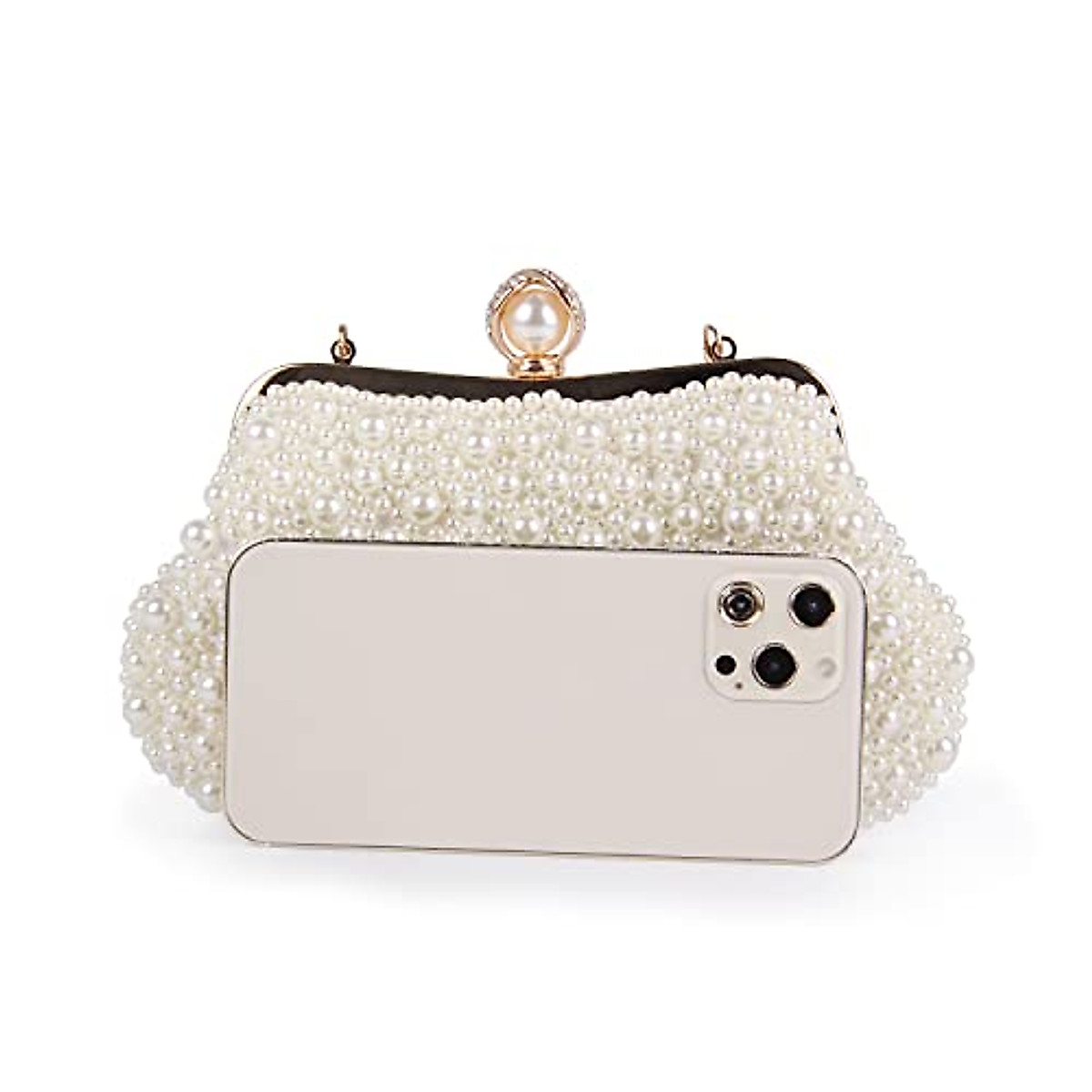 Fecialy Pearl Clutch Purses for Women Wedding Crystal Beaded Evening Handbags with Pearl Chain