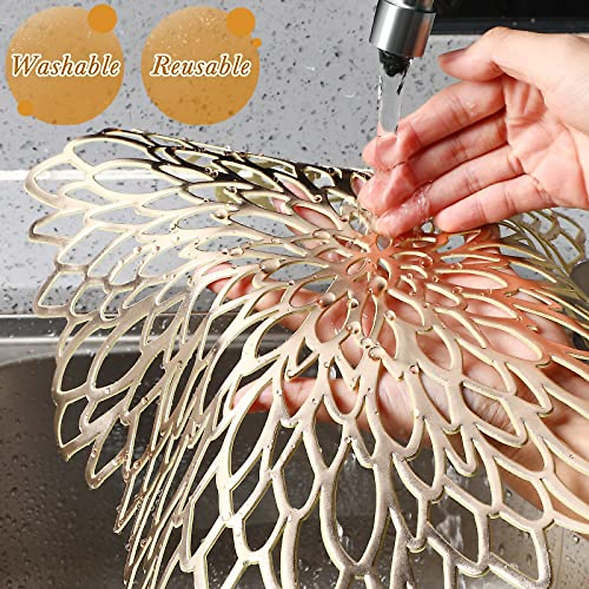 CHENGU 24 Pcs Round Pressed Vinyl Placemats Metallic Place Mat Coaster Set Including Placemats and Coasters Non Slip Heat Resistant Washable Table Mats for Dining Table Kitchen Decoration (Gold)