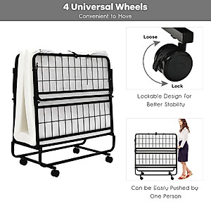 GORELAX Folding Bed with Mattress for Adults, Twin Size Small Portable Bed Set w/Metal Bed Frame & 4” Memory Foam Mattress, Foldable Bed Sleeping Cot Bed on Lockable Wheels, Rollaway Guest Bed