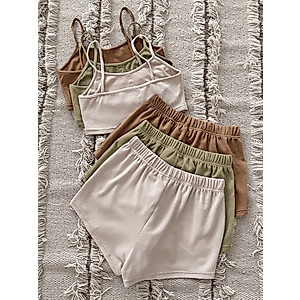 Verdusa Women's 6 Pieces Outfits Lounge Set Sleepwear Button Front Cami Top & Shorts Brown Green Apricot M