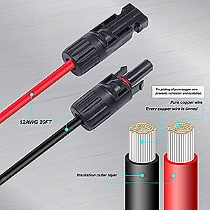 weideer Solar Panel Extension Cable 20FT 12AWG Connector Cable with Female and Male Extension Cable Wire Adapter Kit (20FT Red + 20FT Black) K-V001-12-20
