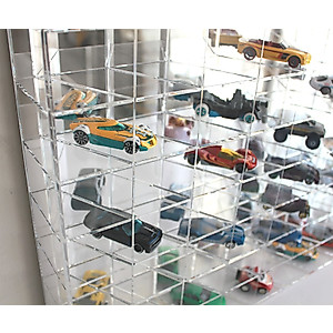 DisplayGifts Clear Acrylic Display Case for 1:64 Scale Hot Toy Cars Wheels Model Cars Display with 144 Compartments in 45 Degree Angle, Clear, UV Protect 22.5 X 30.4 X 3 Inches, Wall Mounted Storage