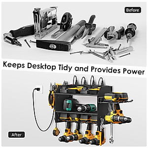 CCCEI Modular Power Tool Organizer Wall Mount Charging Station, Black 6 Drills Holder with 8 Plug Power Strip, Garage Drill Battery Heavy Duty Metal Shelf, Utility Rack with Hooks, Side Storage.