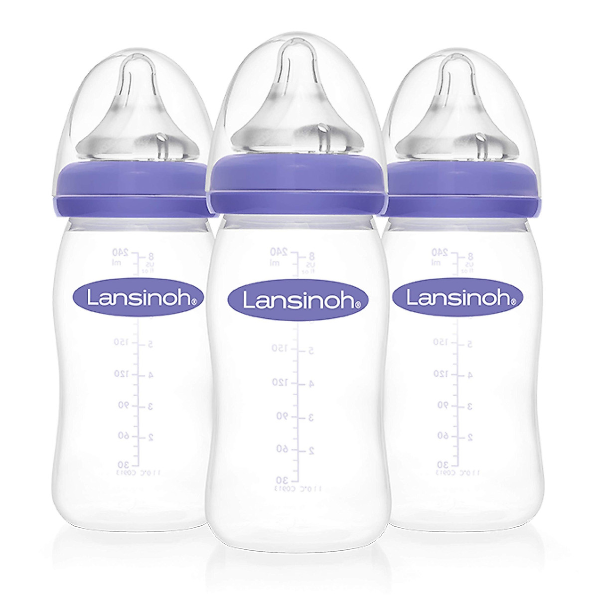 Lansinoh Anti-Colic Baby Bottles for Breastfeeding Babies, 8 Ounces, 3 Count, Includes 3 Medium Flow Nipples, Size M