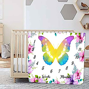 LYLYCTY Baby Monthly Milestone Blanket for 1 to 12 Months Baby, Flower and Butterfly Blanket for Baby Pictures Personalized, Includes Wreath and Frame 47"x47" BTZYLY36