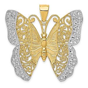 Diamond2Deal 14k Yellow Gold And Rhodium Polished Filigree Butterfly Pendant (L- 36 mm W- 36 mm)