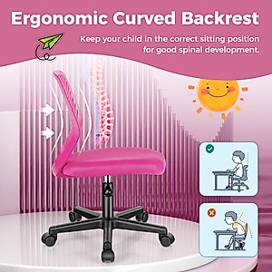 COSTWAY Height-Adjustable Ergonomic Kids Desk Chair, Swivel Armless Task Chair w/Universal Casters, Children Study Chair, Kids Mesh Computer Chair for Teens, Home, Office (Pink)